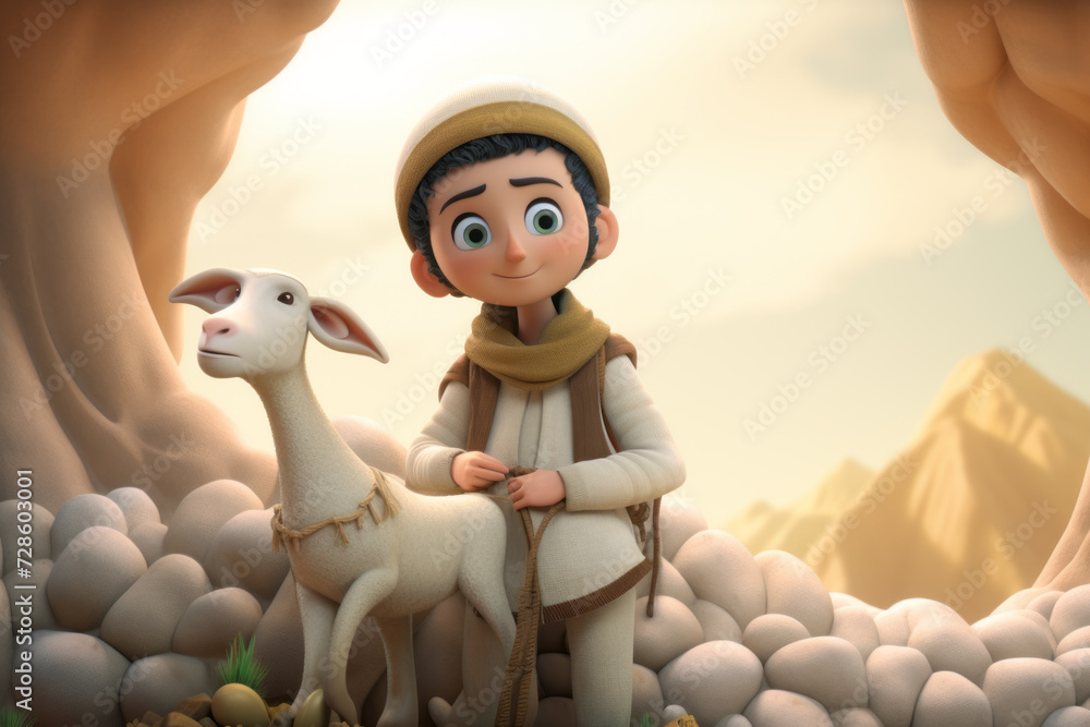 Little cute cartoon ram and little Arab boy Ishmael on a background of ...