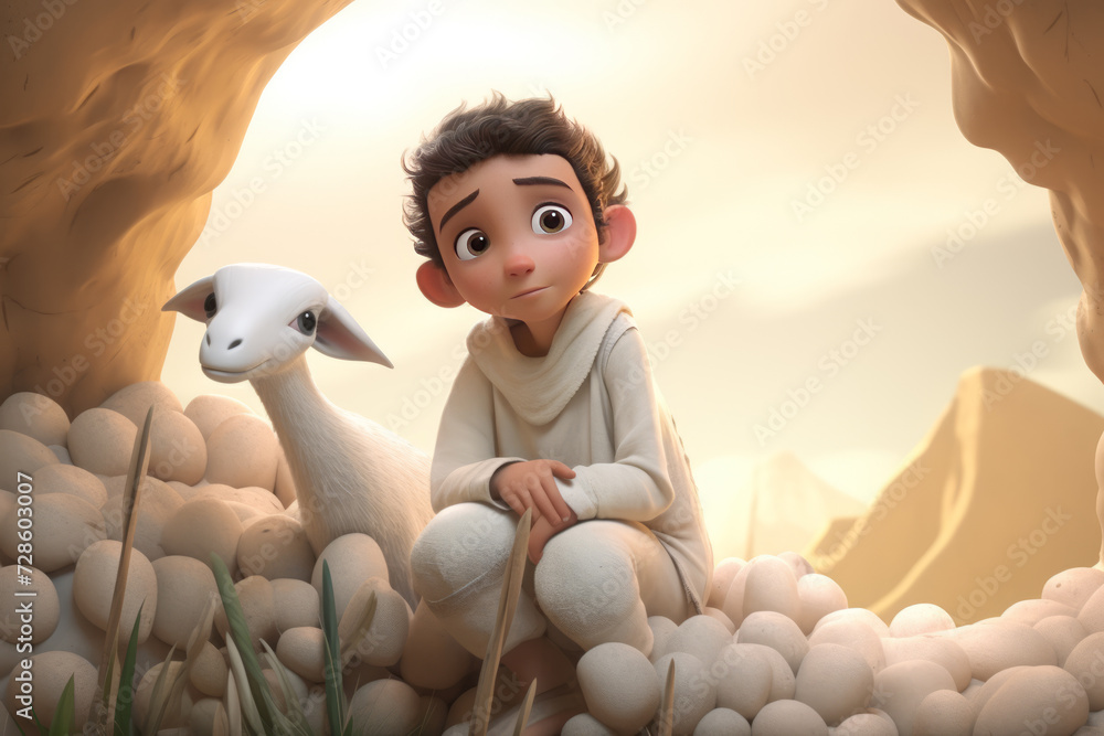 Little cute cartoon ram and little Arab boy Ishmael on a background of ...