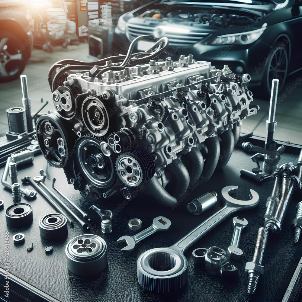 car engine and a set of repair tools on service station background ...