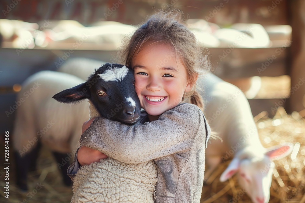 A young girl embraces a gentle black and white lamb, surrounded by the ...
