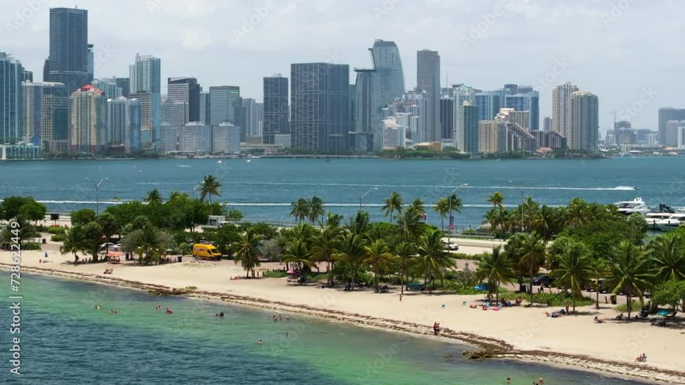 Miami Brickell in Florida, USA and Hobie Island Beach with people ...