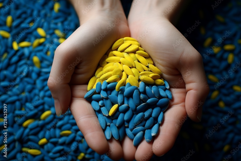 wheat made from yellow and blue grains. Concept: sustainable farming ...