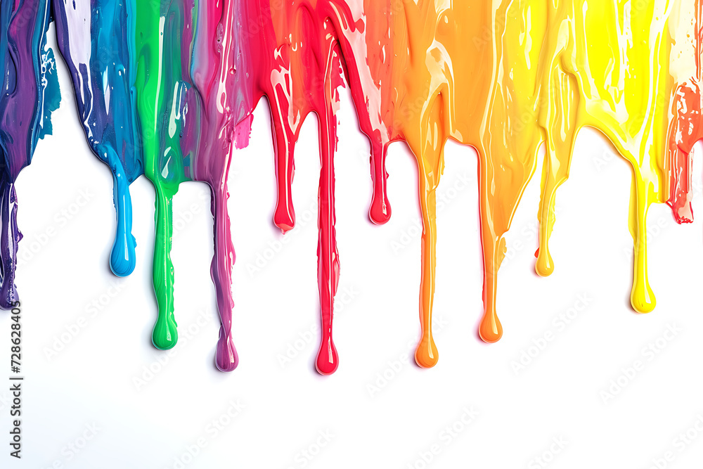 Rainbow colored paint dripping on white background. Banner with colored ...