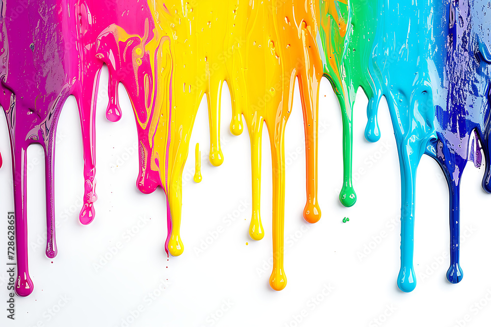 Rainbow colored paint dripping on white background. Banner with colored ...