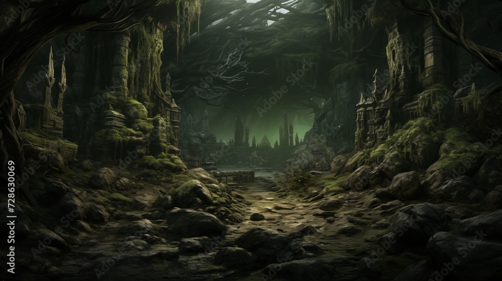 dark fantasy dungeon with trees Stock Illustration | Adobe Stock