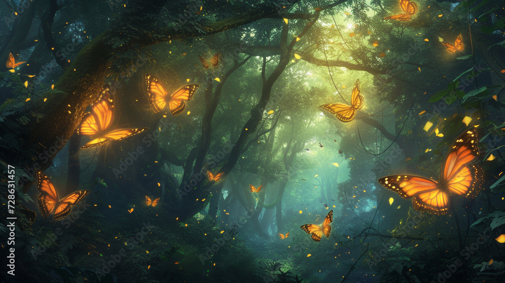 butterflies fluttering around an ancient, enchanted forest, their ...