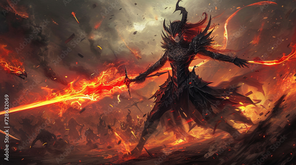Foto de fierce female demon warrior in battle, wielding a flaming sword ...