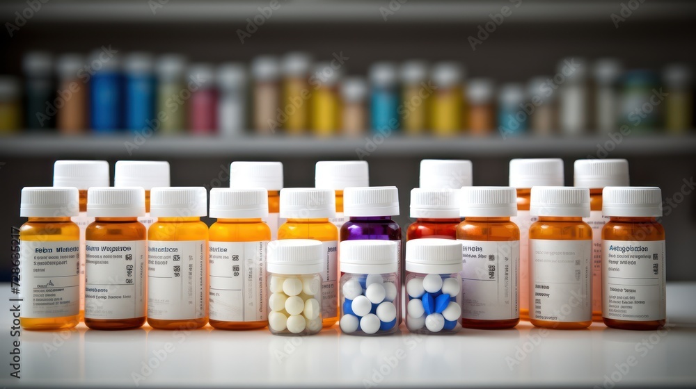 Prescription bottles and medication labels arranged on the shelves of a ...