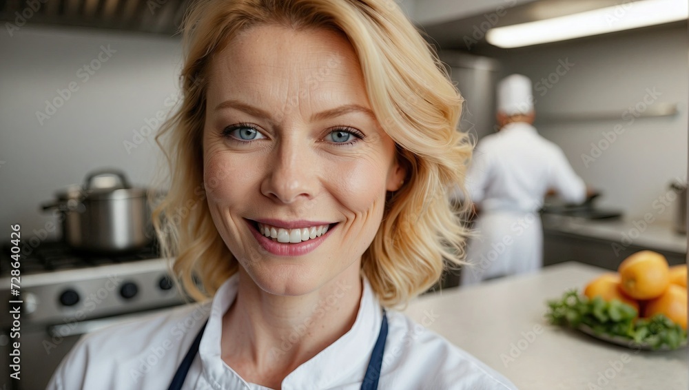 Professional chef woman in a commercial kitchen, with blonde hair and a ...