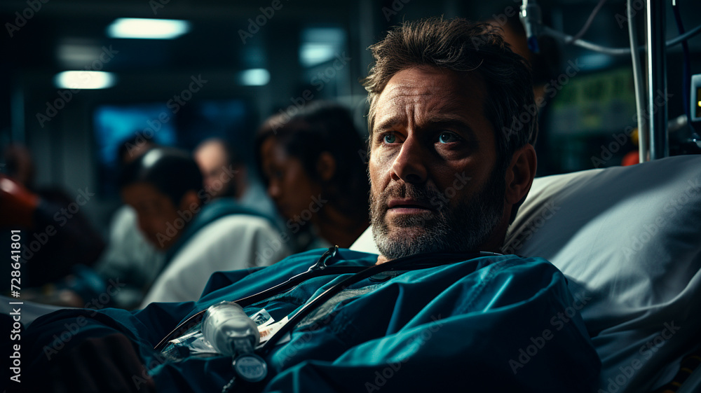 una imagen de un paciente inconsciente tumbado en una cama de hospital ...