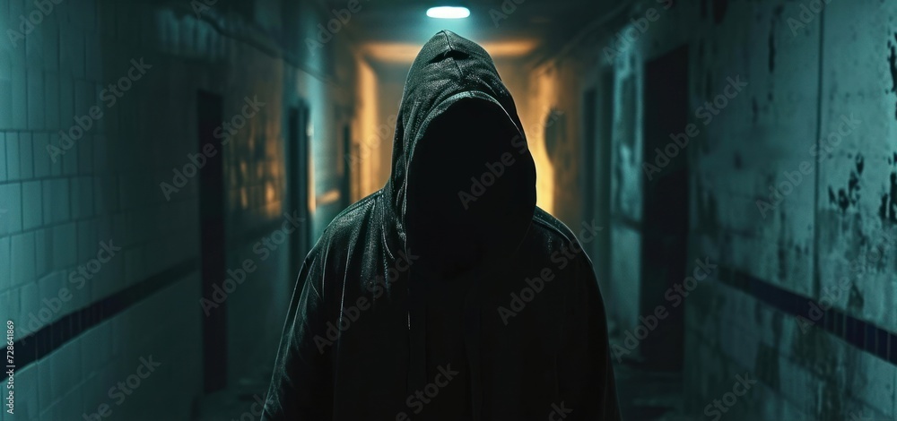 Hooded figure stalking in dark hall, appearing menacing and lost ...