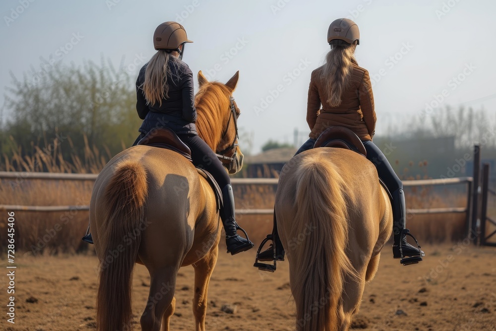 Two equestrians ride their majestic horses through the open fields, the ...