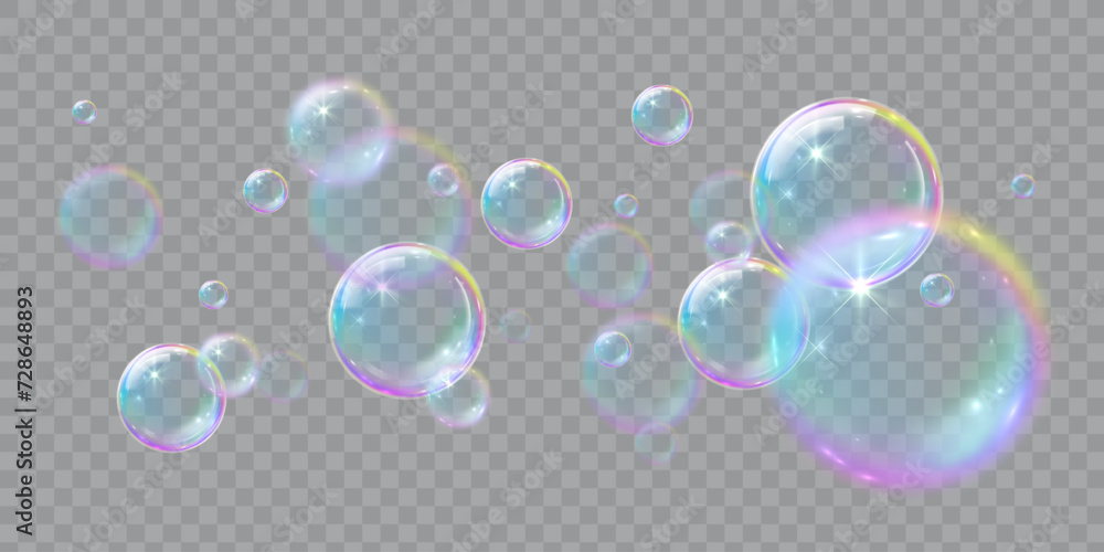 Soap bubbles, illustrations of realistic transparent soap bubbles on ...