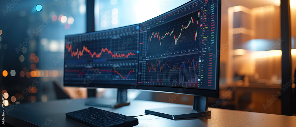 A stock trader's computer, Financial charts and graphs technology have ...