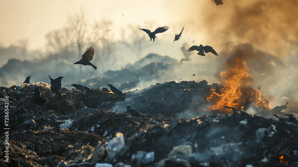 Birds in flight over a blazing fire at a landfill, a stark visual ...