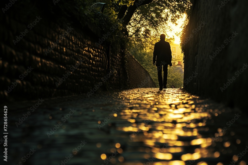 A serene depiction of an individual walking with a Bible discreetly ...