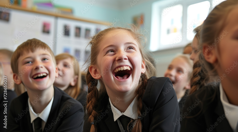 group of pupils and adolescents in classroom laughing and smiling Stock ...