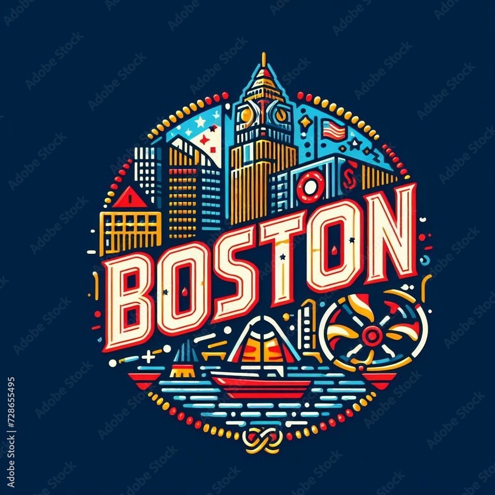Boston, USA - Vector Illustration of a Vibrant Cityscape with Iconic ...