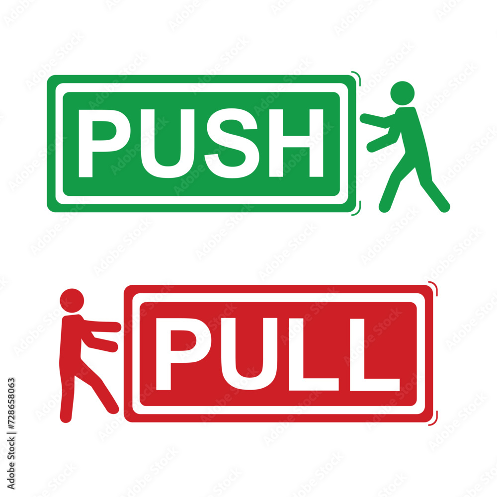 PUSH AND PULL SIGNS , vector illustration, green red icons , with man ...