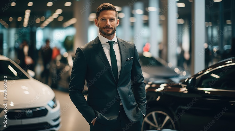In a well-lit car showroom, a professional car dealer stands beside a ...