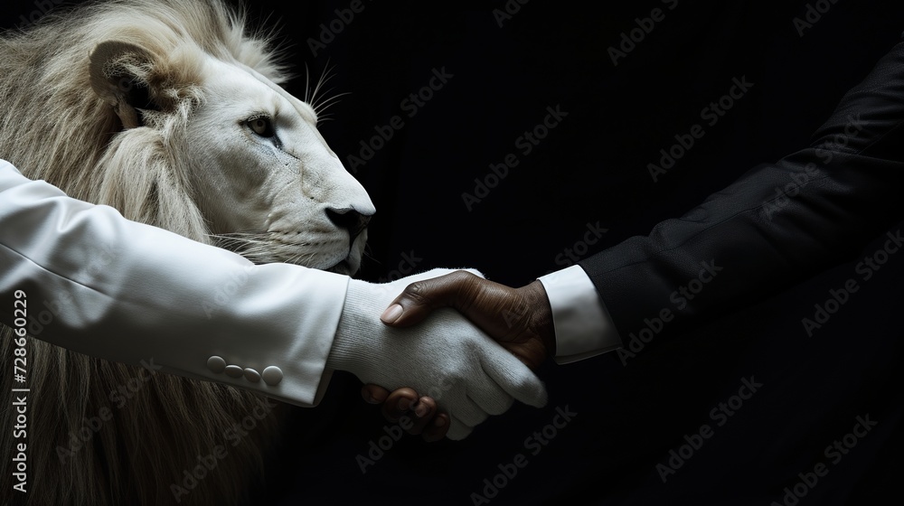 Lion and human handshake. in one hand is a white lion in human form ...