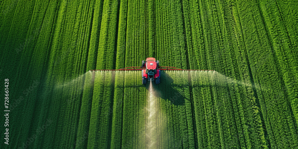 Overhead shot of a farming tractor spraying fertilizers on vibrant ...