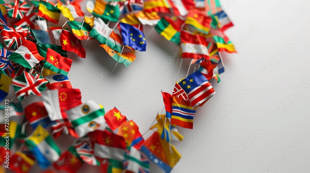 Many World Flags creating cinematic 3d heart with white background ...