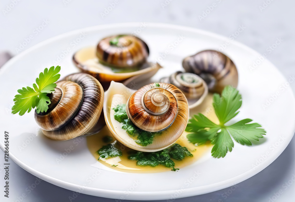 Cooked Escargots De Bourgogne snails with garlic butter and parsley on ...