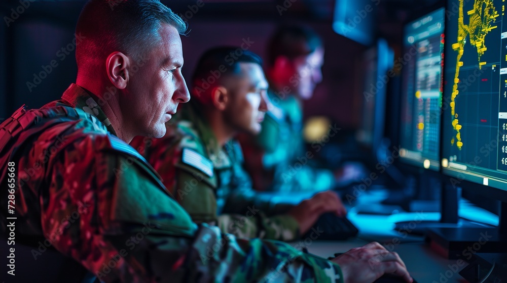 US military officers looking at a computer screen during a command and ...