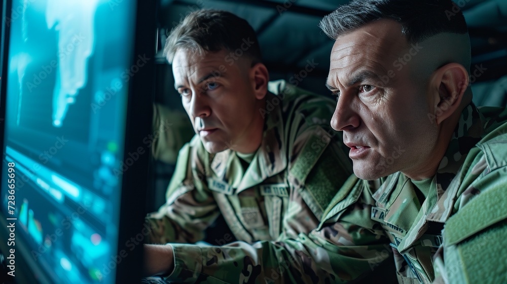 US military officers looking at a computer screen during a command and ...