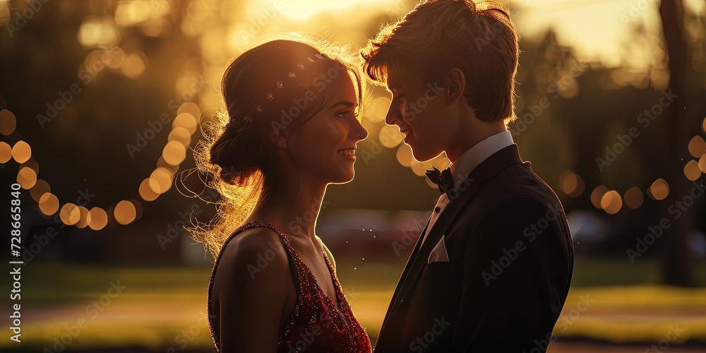 Romantic couple dancing at prom and homecoming dressed up in their ...