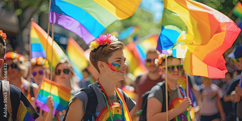 Pride parade with rainbow flags to celebrate the lgbtqia community ...