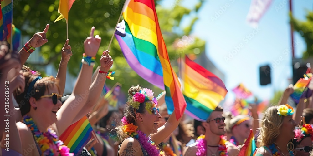 Pride parade with rainbow flags to celebrate the lgbtqia community ...