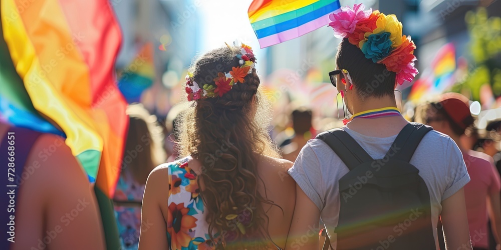 Pride parade with rainbow flags to celebrate the lgbtqia community ...