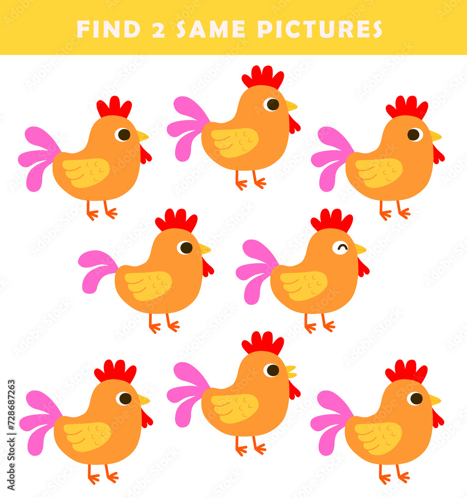 Find 2 same hens. Puzzle game for children. Preschool worksheet ...