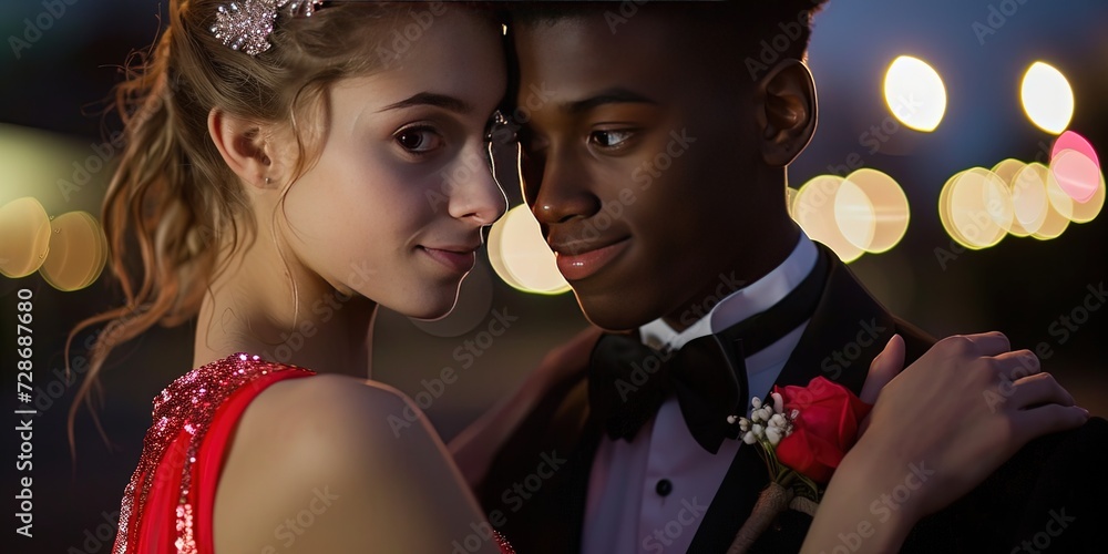 Prom romance with young students dressed up in a tuxedo and gown to ...