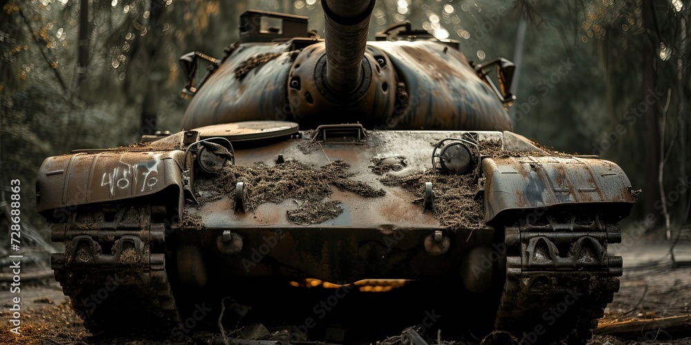 Military tank with canon on armored vehicle moving with tracks across ...
