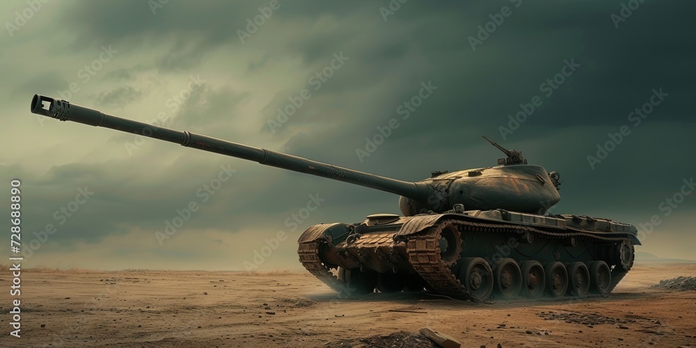 Military tank with canon on armored vehicle moving with tracks across ...