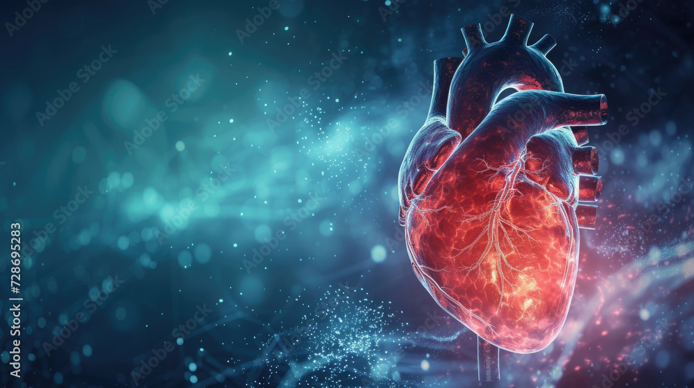 red pulsating heart with veins, anatomy of a human organ, on a blue ...