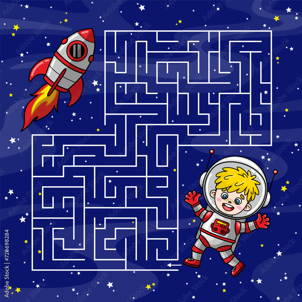 Maze space kids game. Colorful Labyrinth puzzle. Help the cartoon ...