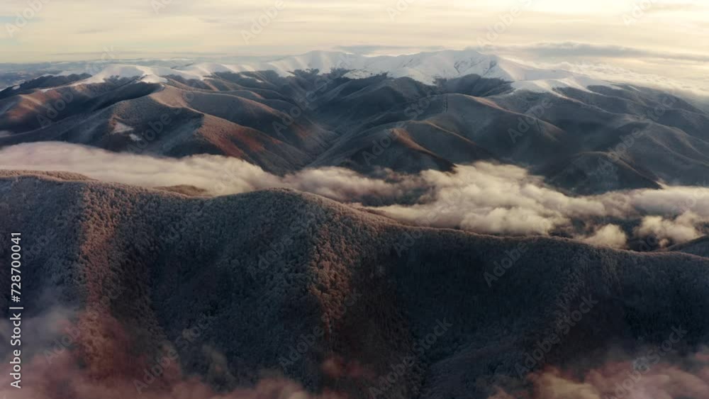 bird's eye view of a harsh monochrome alpine landscape in winter with ...