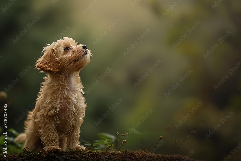 Maltipoo dog puppy standing while looking out into the woods, light ...