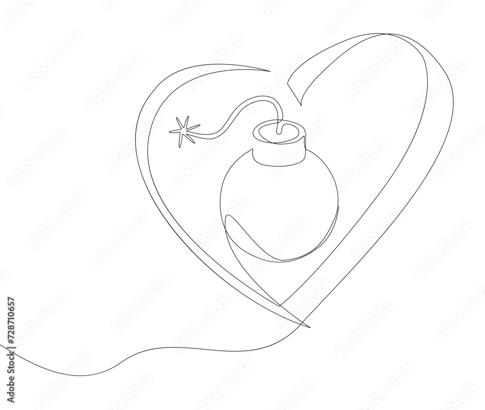 One continuous line of bomb and heart shape. Thin Line Illustration ...