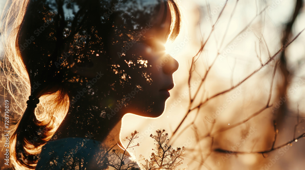 Little girl profile with imaginary world, dreams in her head, double ...