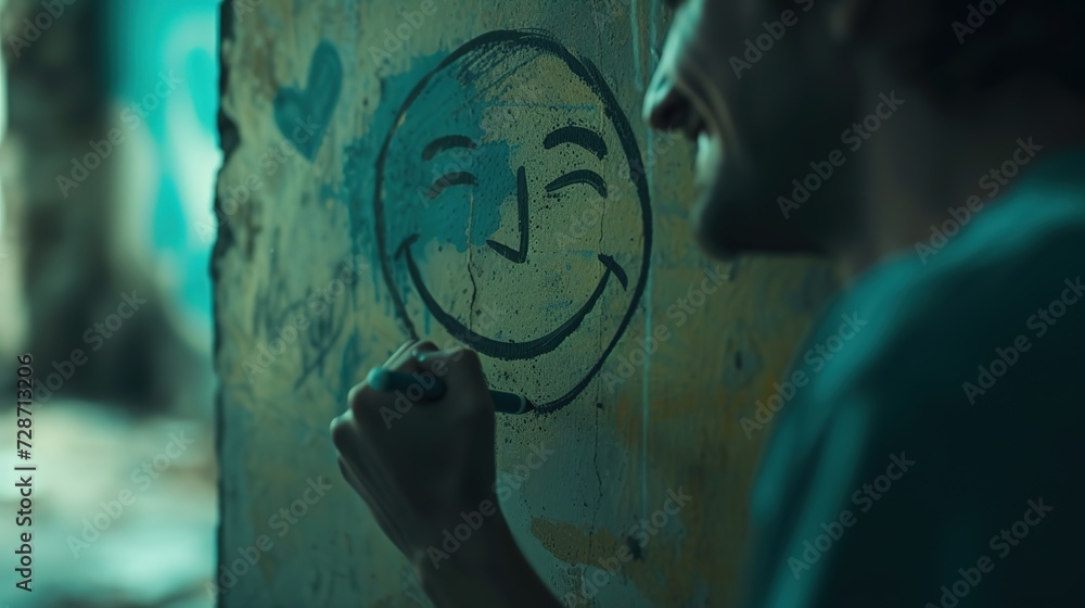 In a candid moment, a graffiti artist is seen adding a cheerful smiley ...