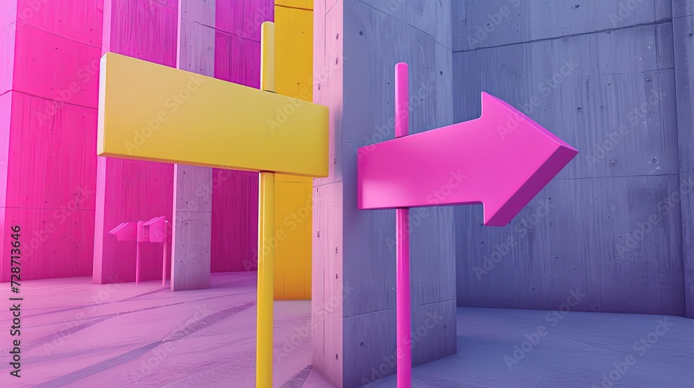 Artistic composition of neon pink and yellow directional arrows against ...