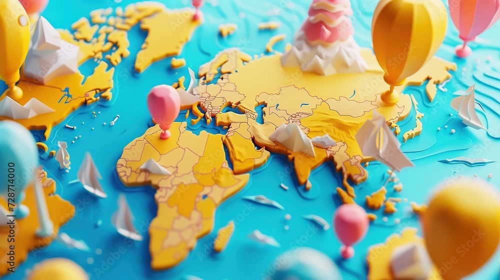 A bright and playful 3D illustration of a world map with standout ...