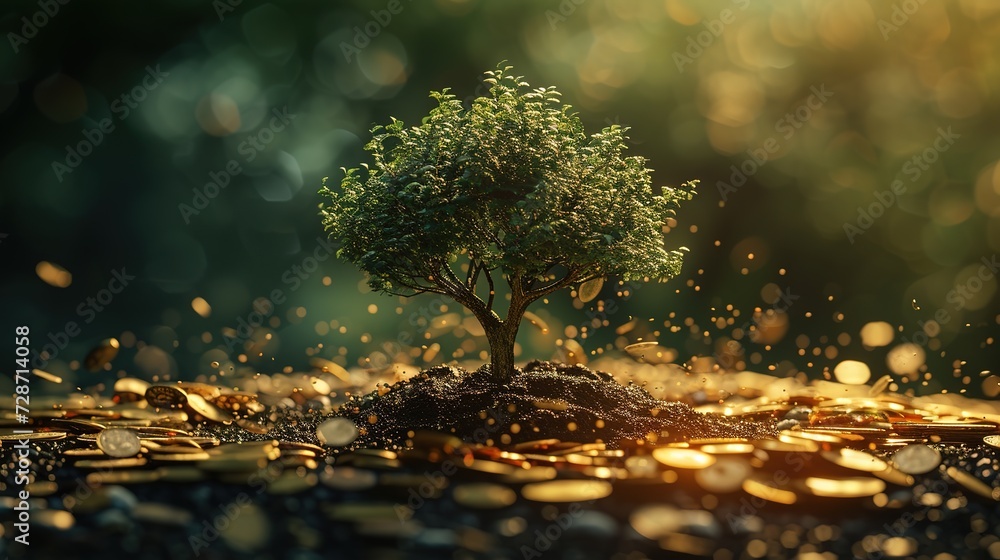 Artistic representation of a thriving tree perched atop a mound of ...