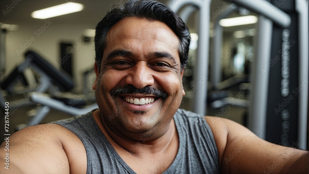Close-up selfie of a middle-aged, overweight Indian man with a mustache ...