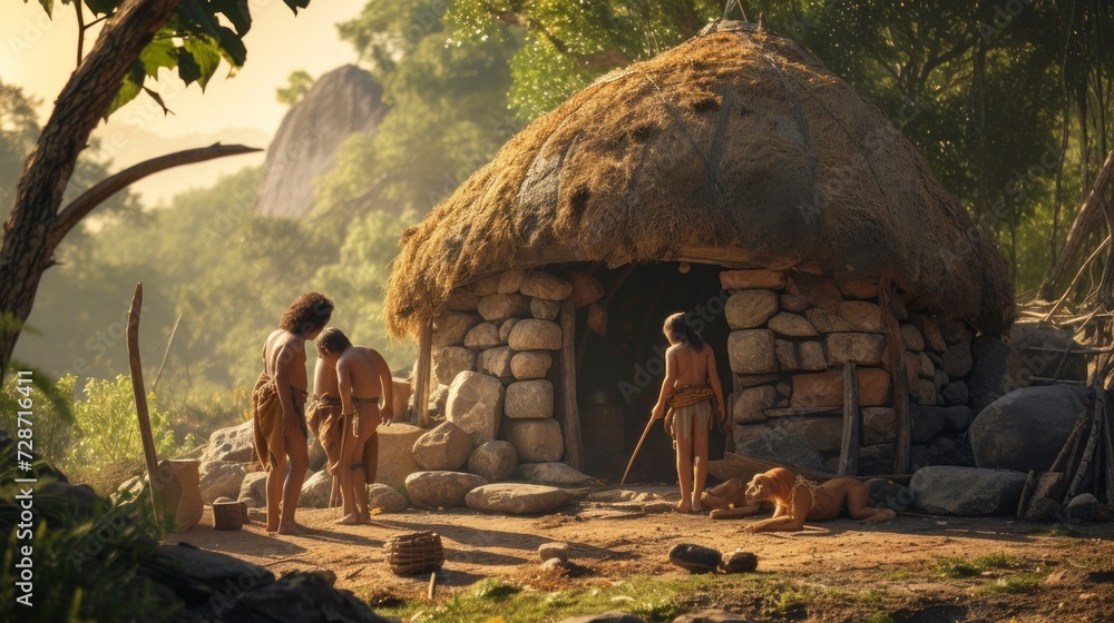 illustration of cavemen or indigenous people in front of a cabin ...